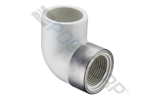 POOL360 | 1" x 3/4" White/SS SCH40 PVC 90 Degree Reinforced Reducing Elbow Socket x SRFIPT